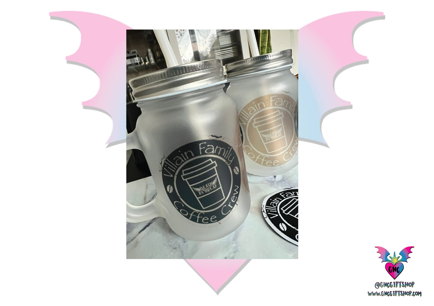 Coffee Crow - Frosted Glass Mason Jar 12 oz - GNC Gift Shop